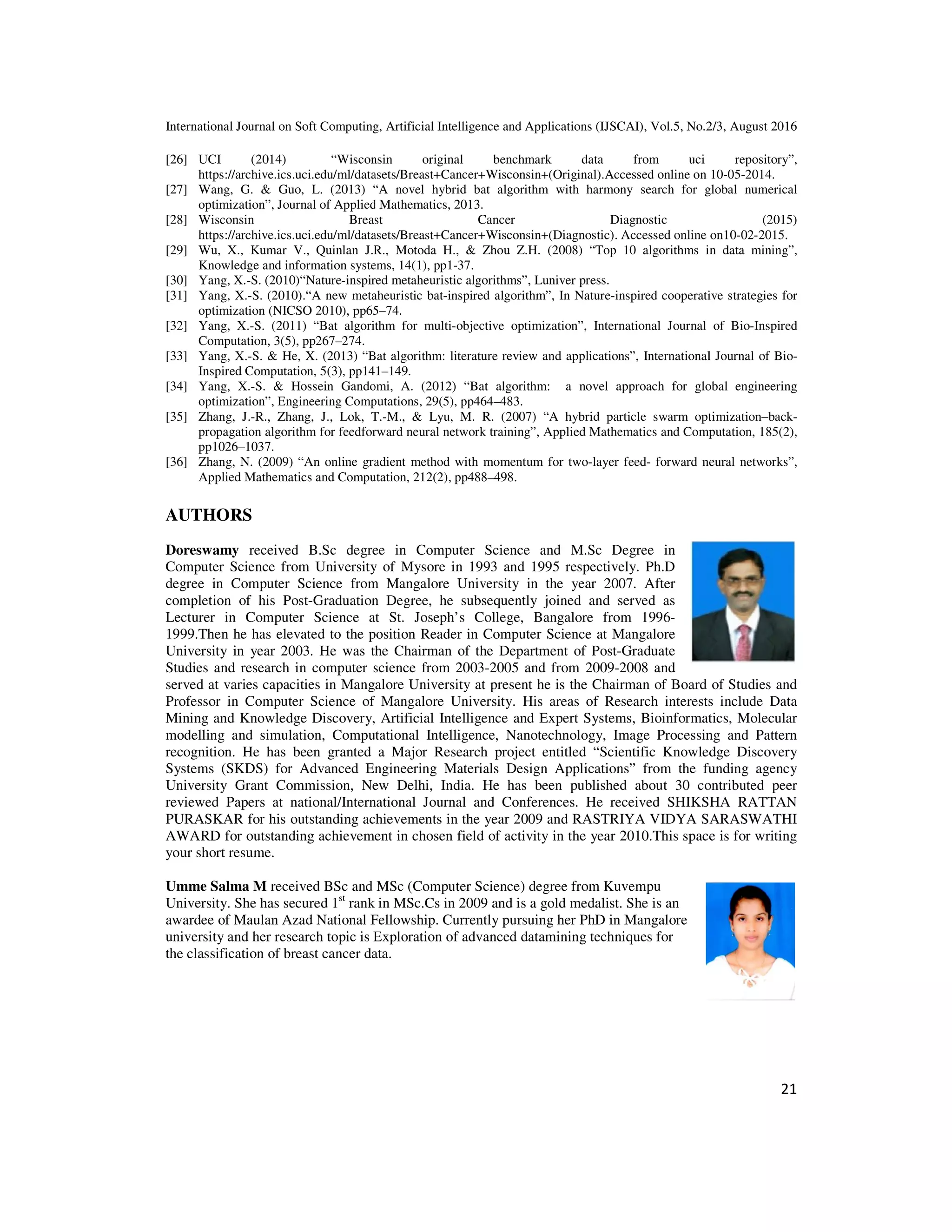 A BINARY BAT INSPIRED ALGORITHM FOR THE CLASSIFICATION OF BREAST CANCER ...