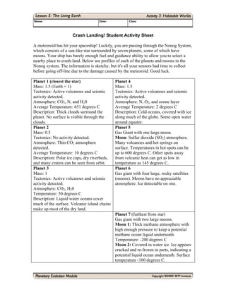 Activity Worksheet in Earth Science: Properties of a Habitable Planet | PDF