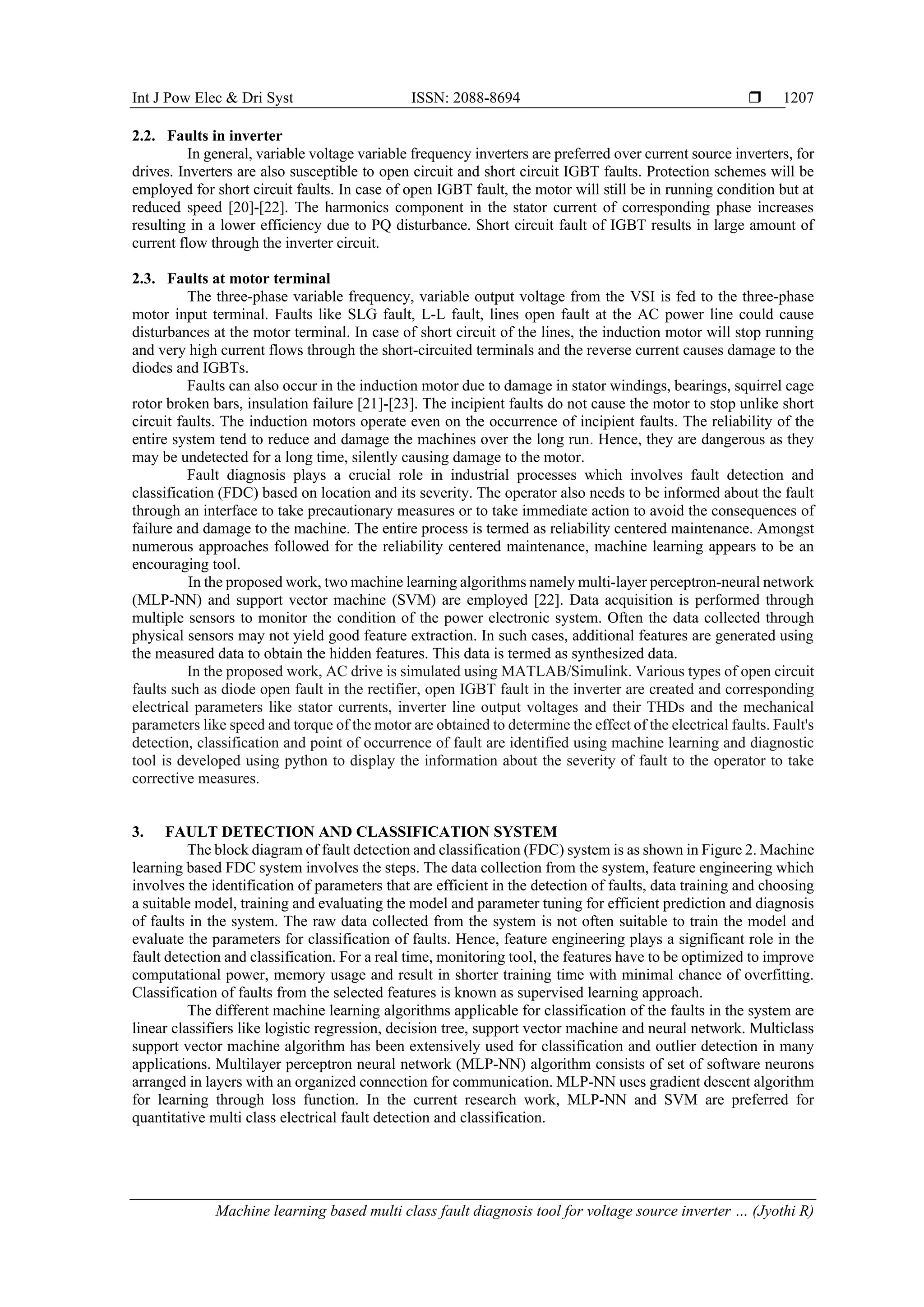 Machine Learning Based Multi Class Fault Diagnosis Tool For Voltage Source Inverter Driven