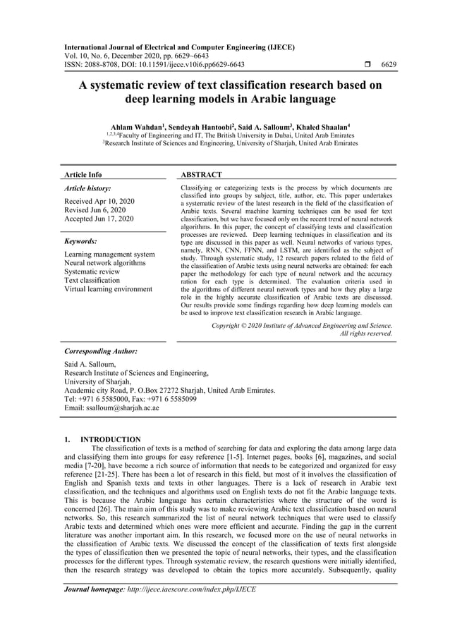 A systematic review of text classification research based on deep learning models in Arabic ...