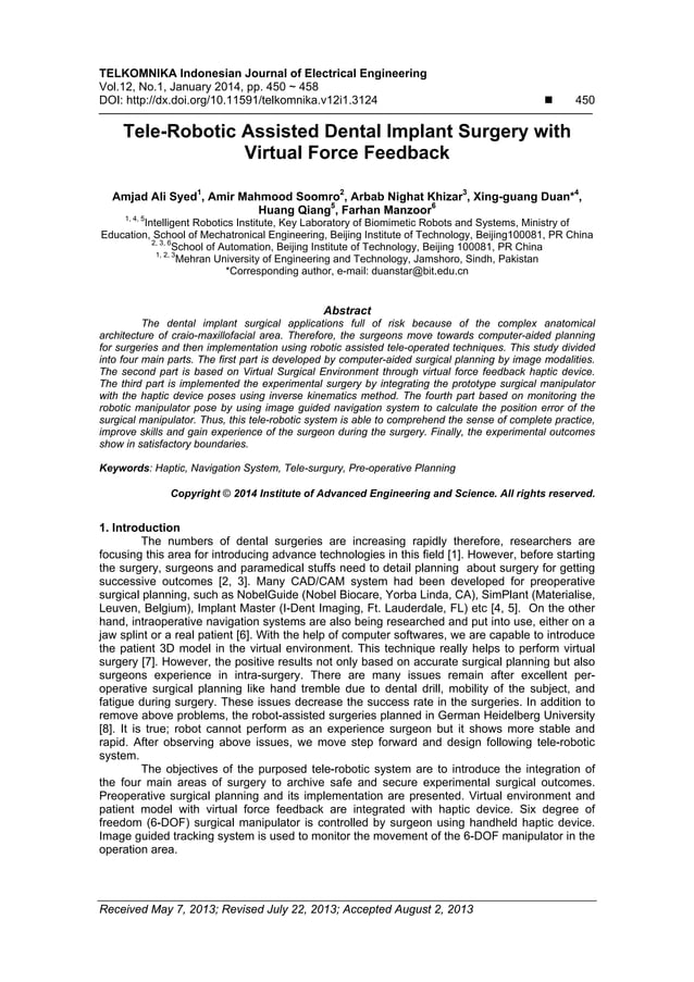 Tele-Robotic Assisted Dental Implant Surgery with Virtual Force ...