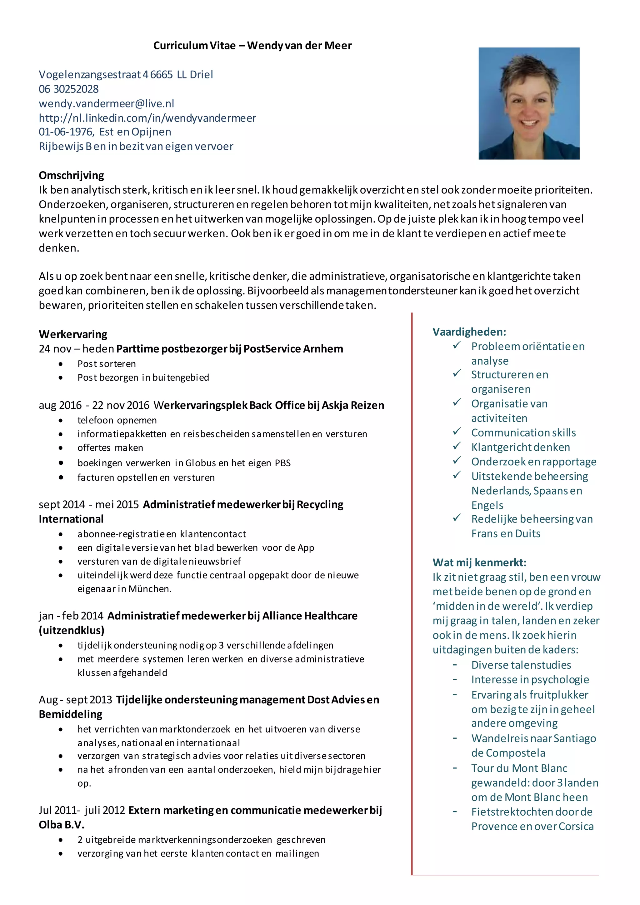 CV Wendy van der Meer | PDF