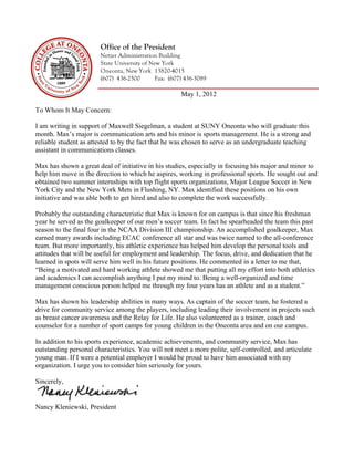 Letter of rec Dr. K (Oneonta) | PDF | Soccer | Sports