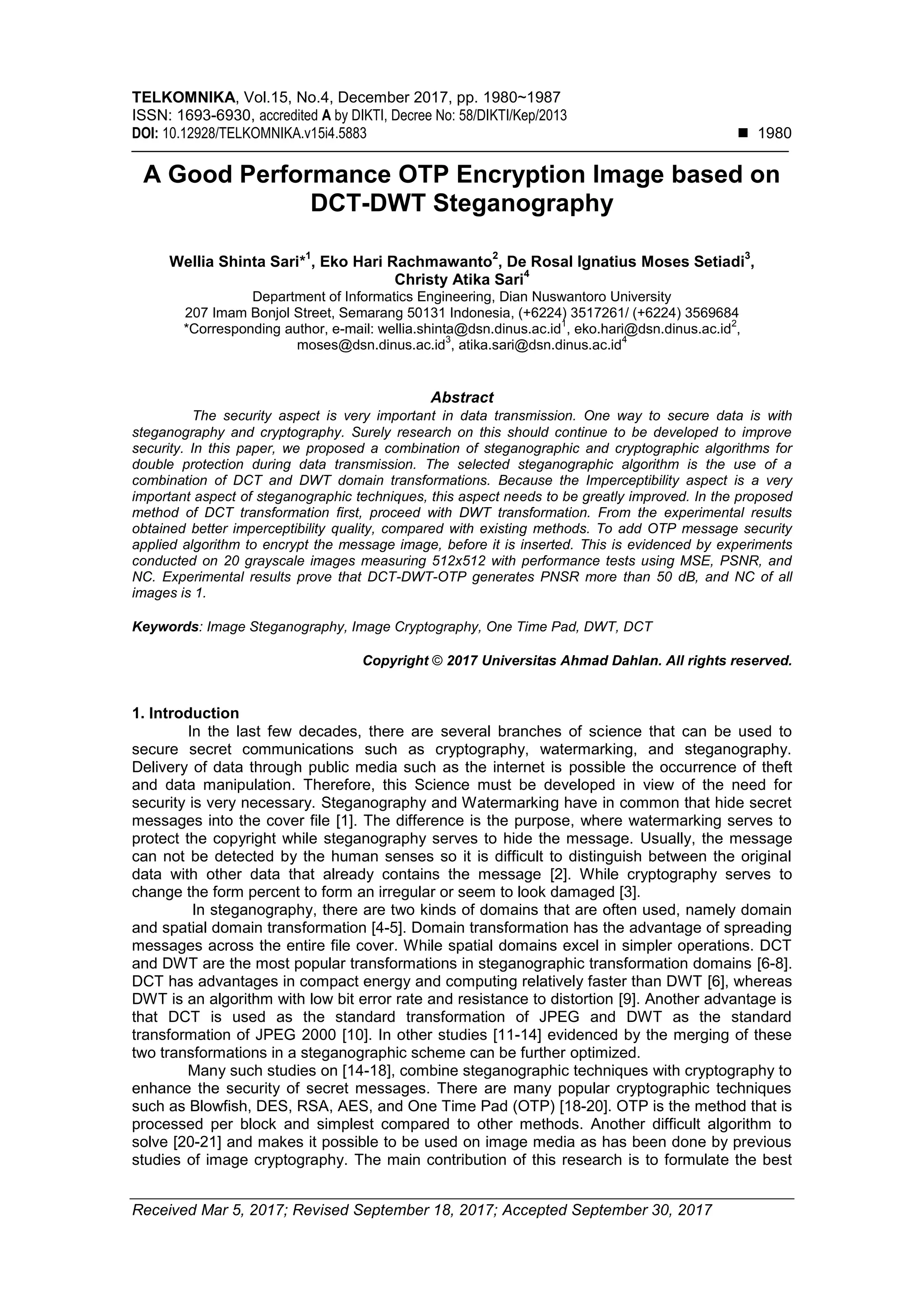 A Good Performance OTP Encryption Image based on DCT-DWT Steganography ...