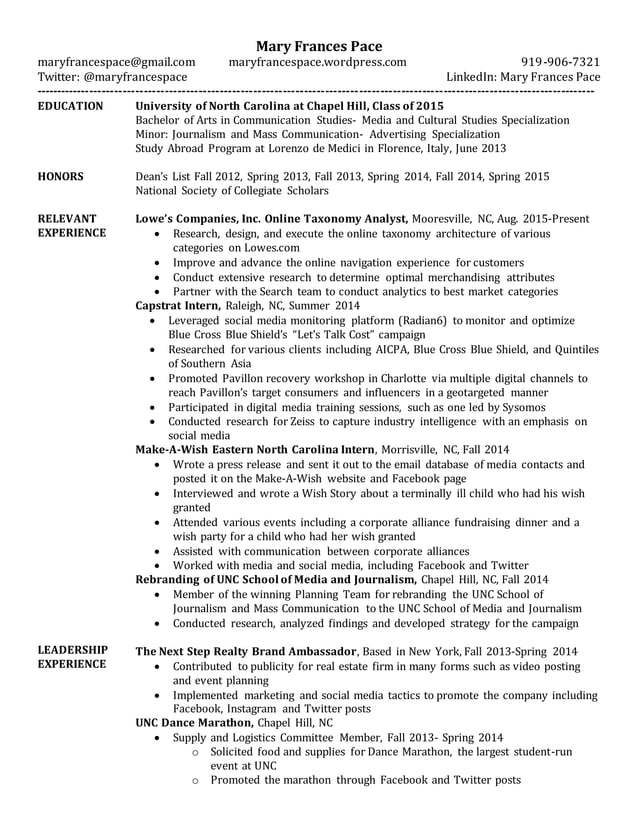 Mary Frances Pace Resume | PDF