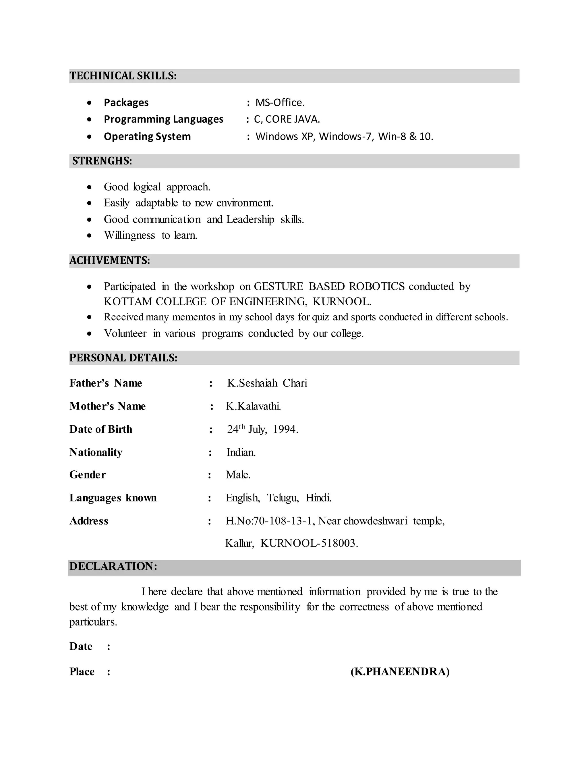 Curriculum vitae-Phani | DOCX | Operating Systems | Computer Software and Applications