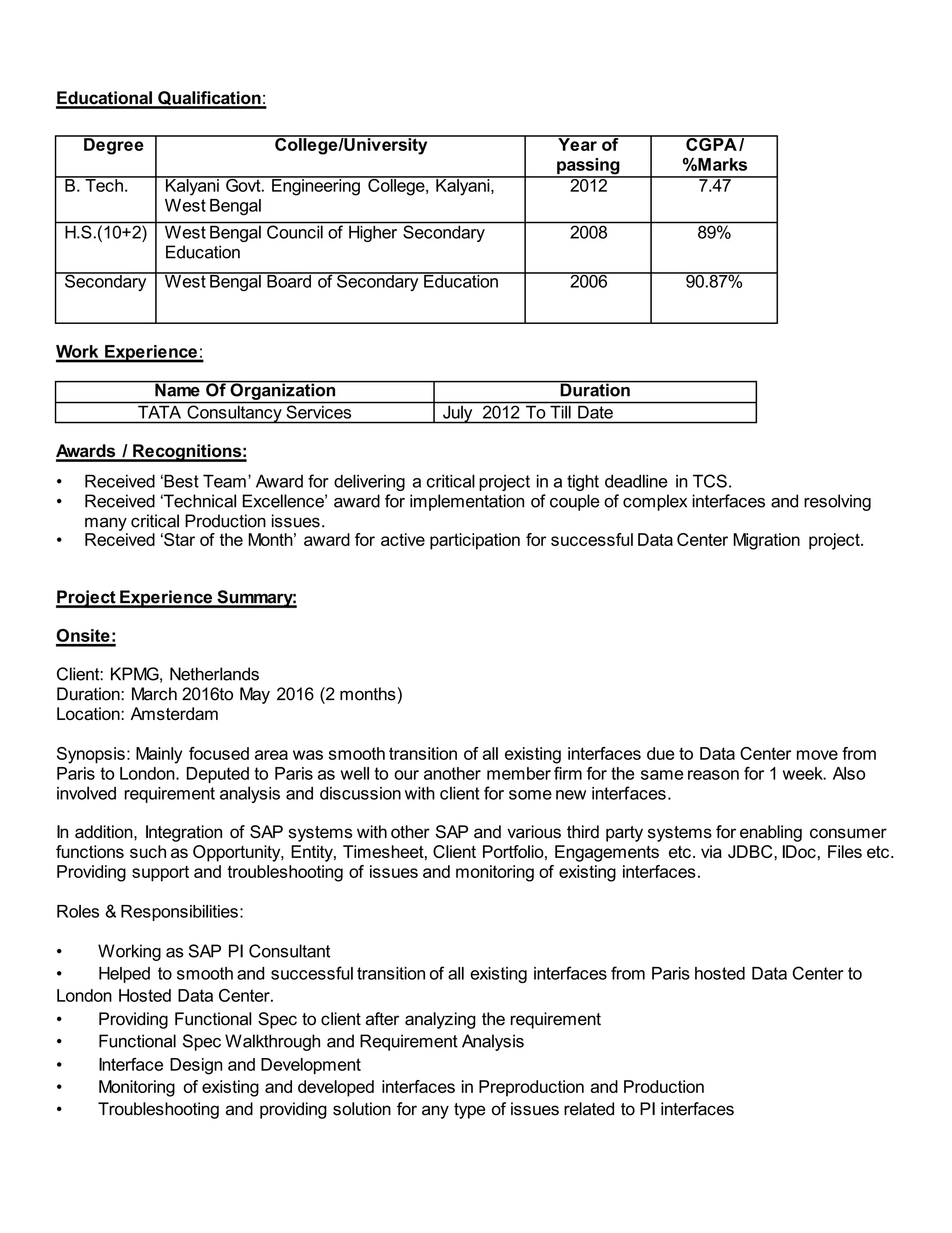 Resume_SAP PI_Debasish Choudhury | DOCX | Computer Software and Applications | Computing