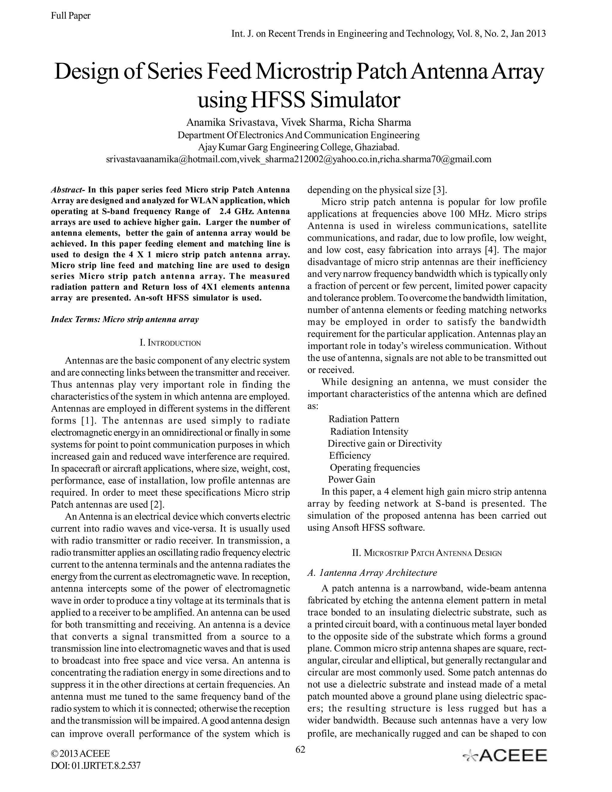 Design of Series Feed Microstrip Patch Antenna Array using HFSS Simulator | PDF | Physics | Science