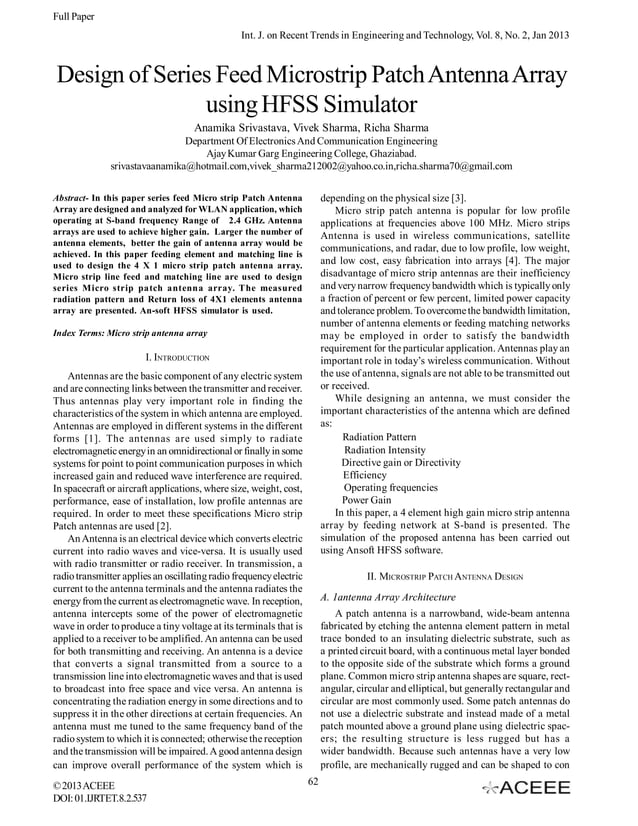 Design of Series Feed Microstrip Patch Antenna Array using HFSS Simulator | PDF | Physics | Science