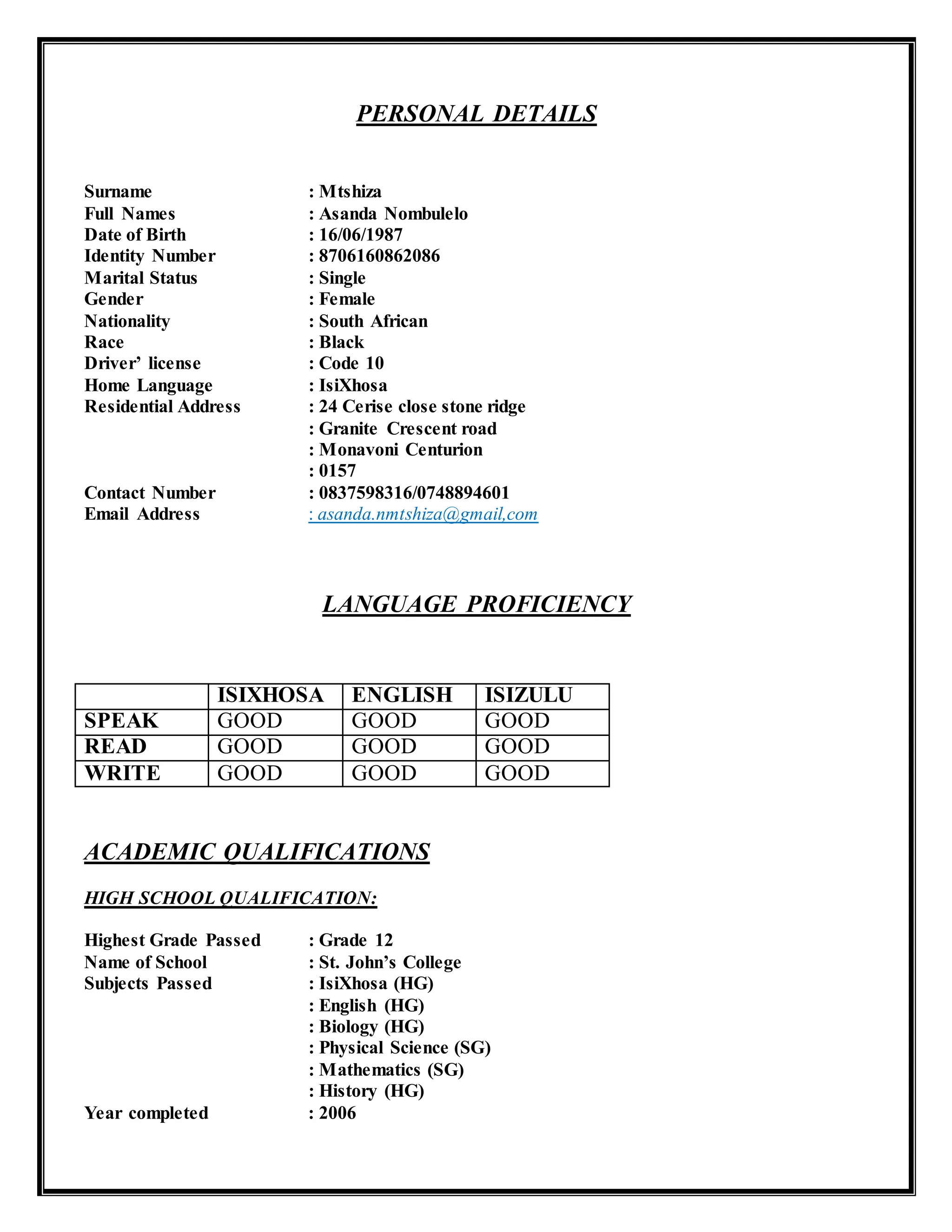Asanda Mtshiza`s cv (2) | DOCX