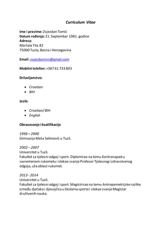 CV Zvjezdan Tomić | PDF