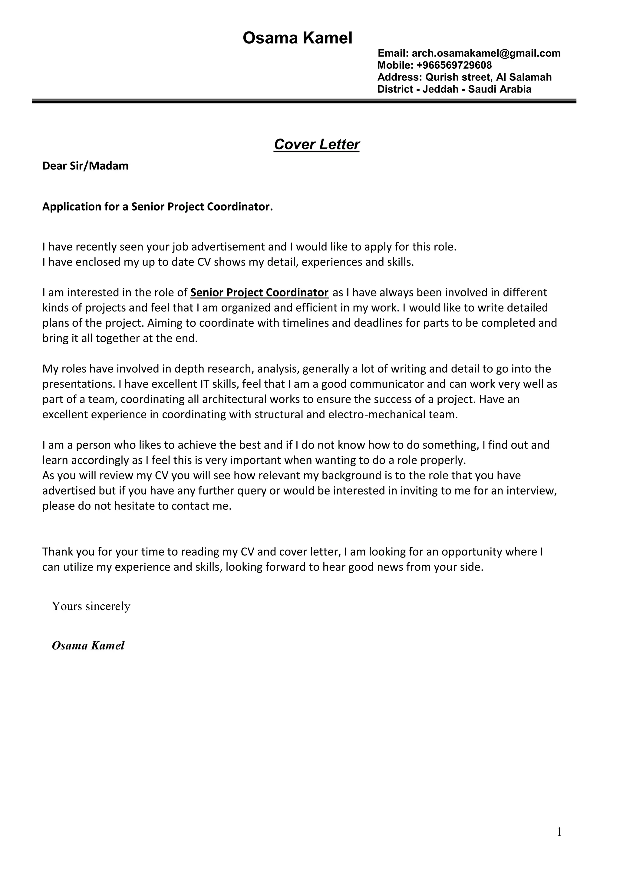 Cover Letter - Osama Kamal | PDF