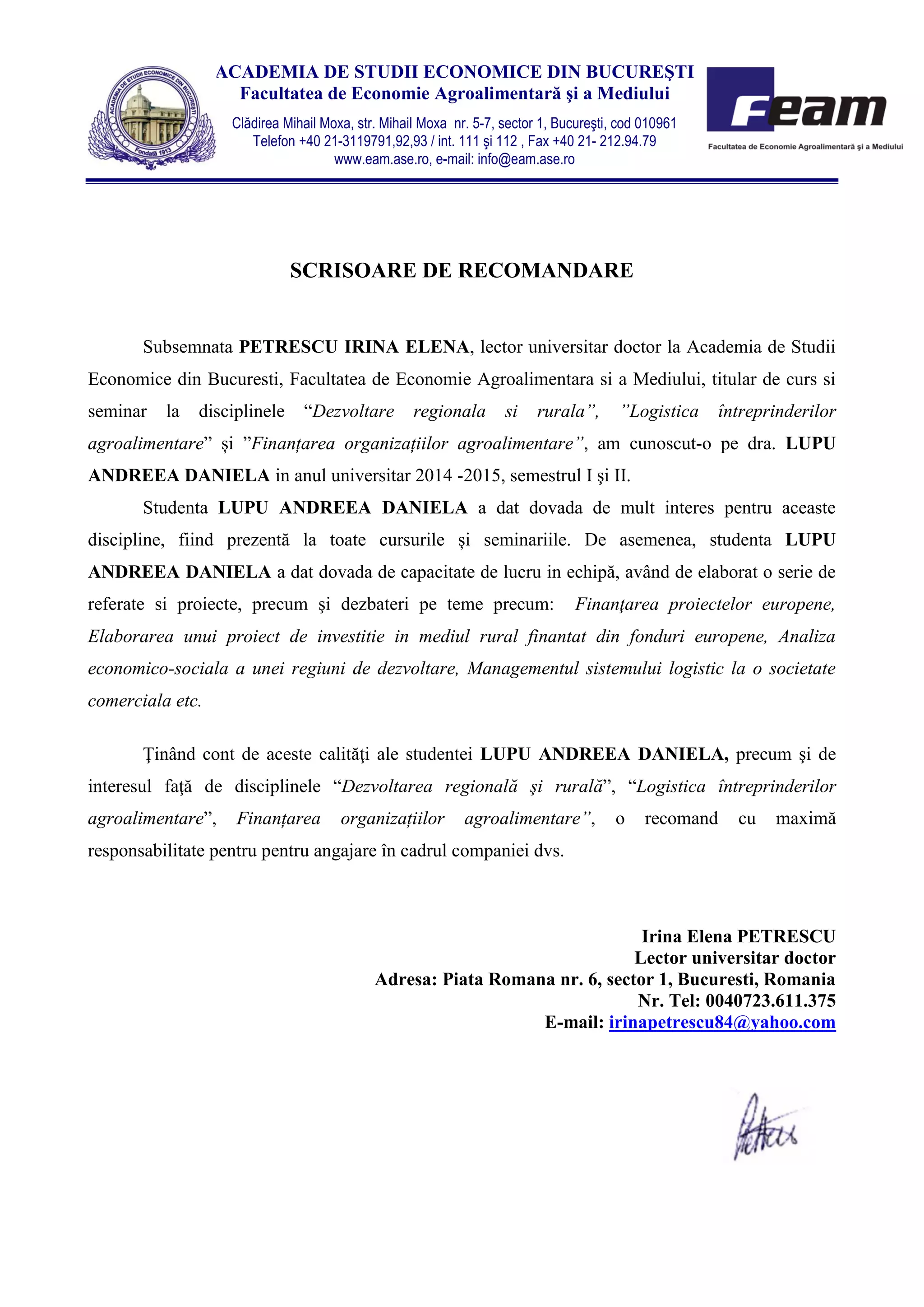 SCRISOARE DE RECOMANDARE_Prof Irina Petrescu, ASE | PDF