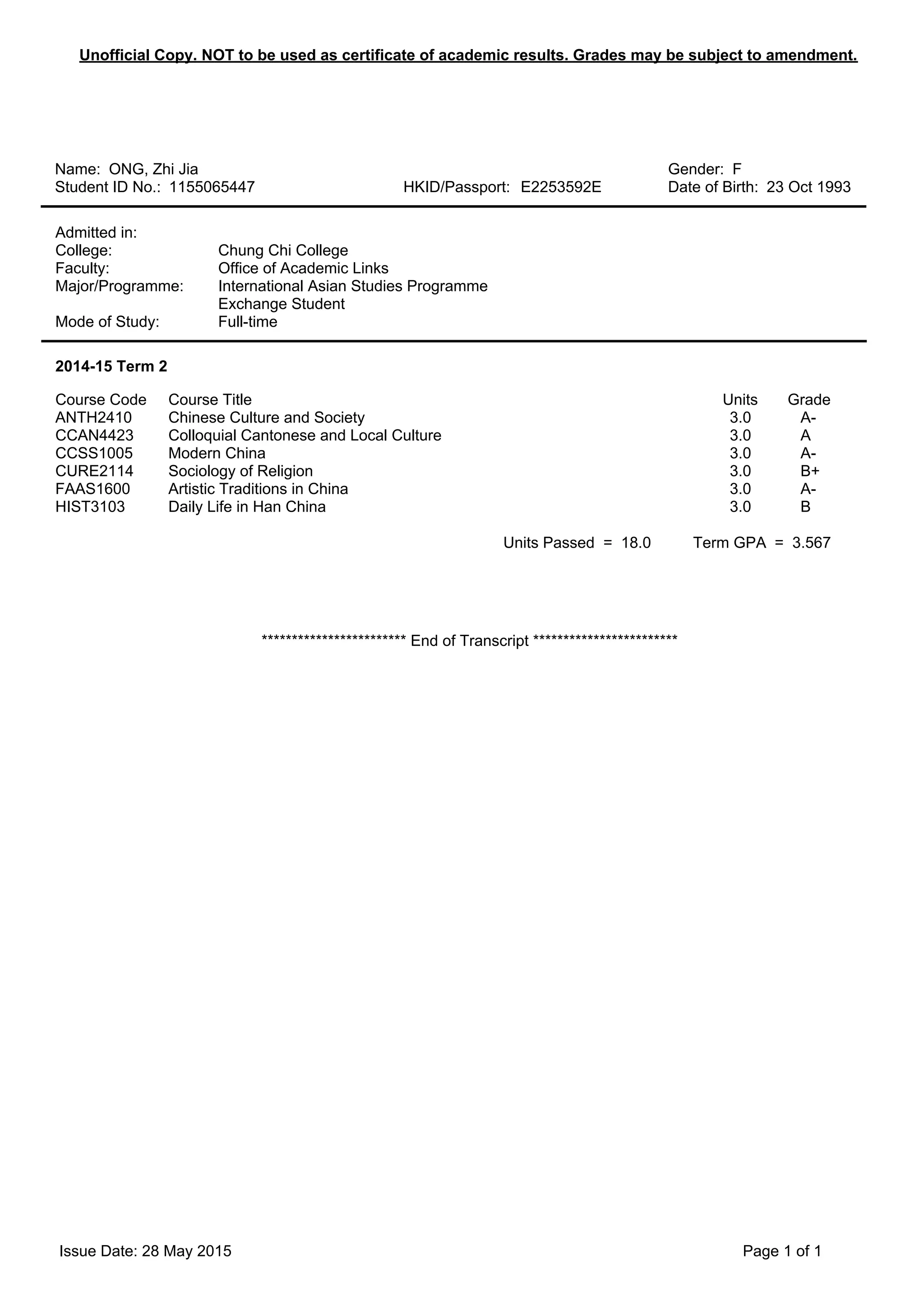 unofficial transcript CUHK | PDF