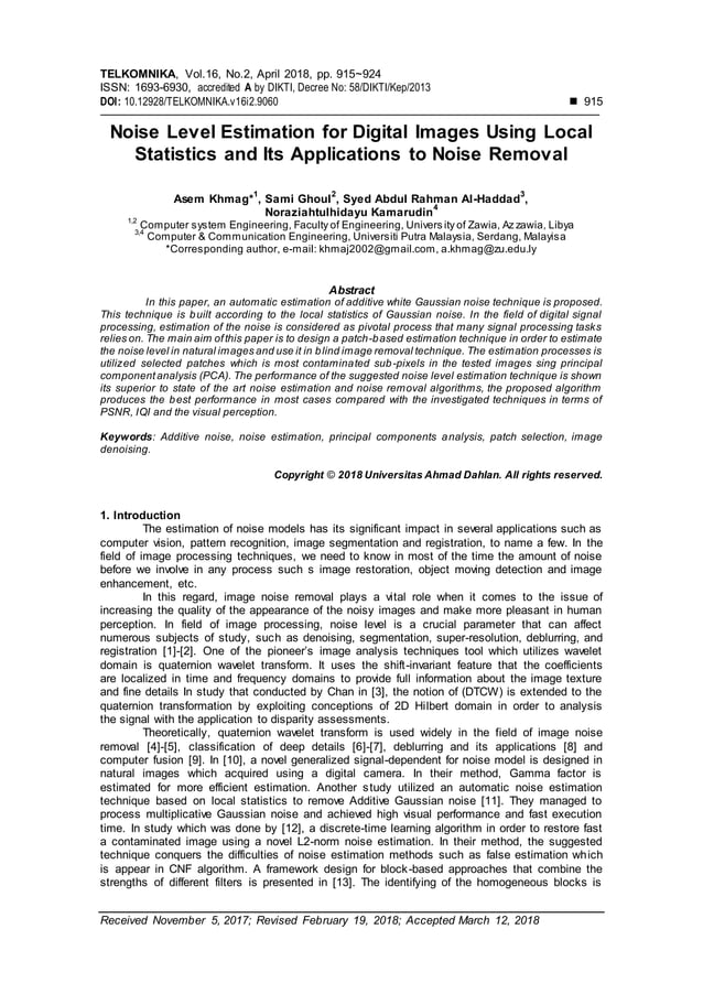 Noise Level Estimation for Digital Images Using Local Statistics and Its Applications to Noise ...