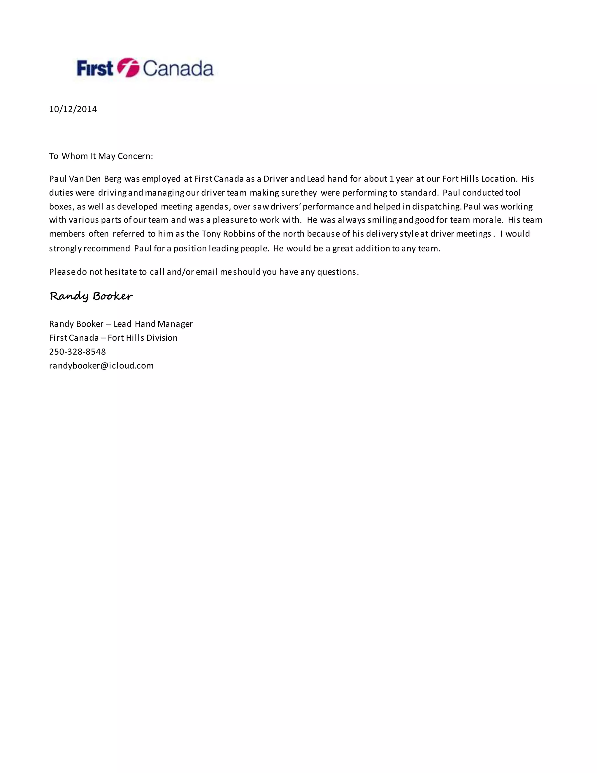 First Canada Letter of reference | DOCX