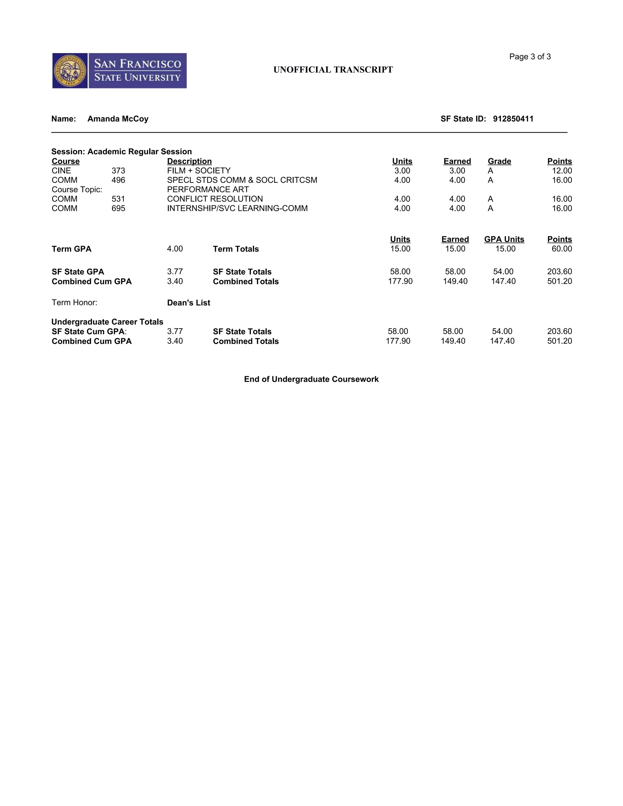Final Unofficial Transcript | PDF