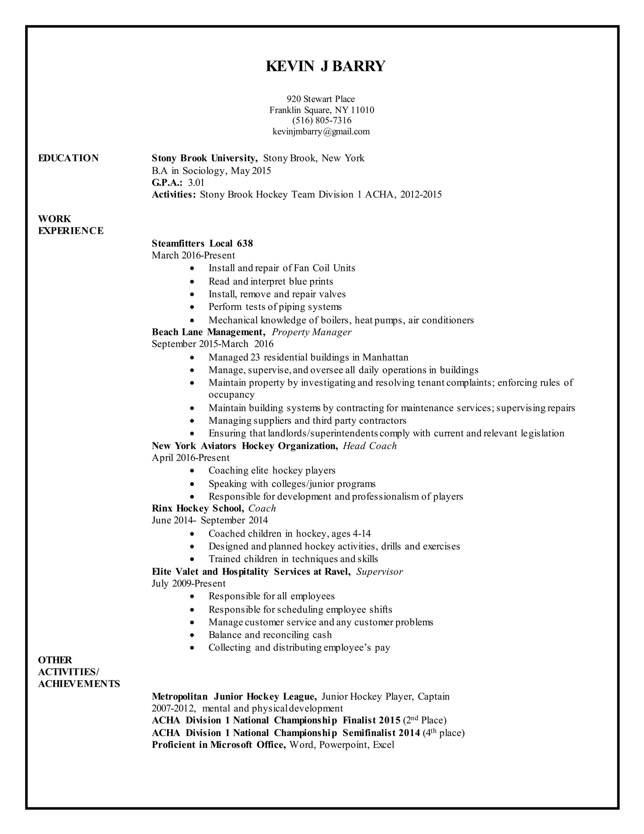 KEVIN J BARRY Resume 2016 | DOCX