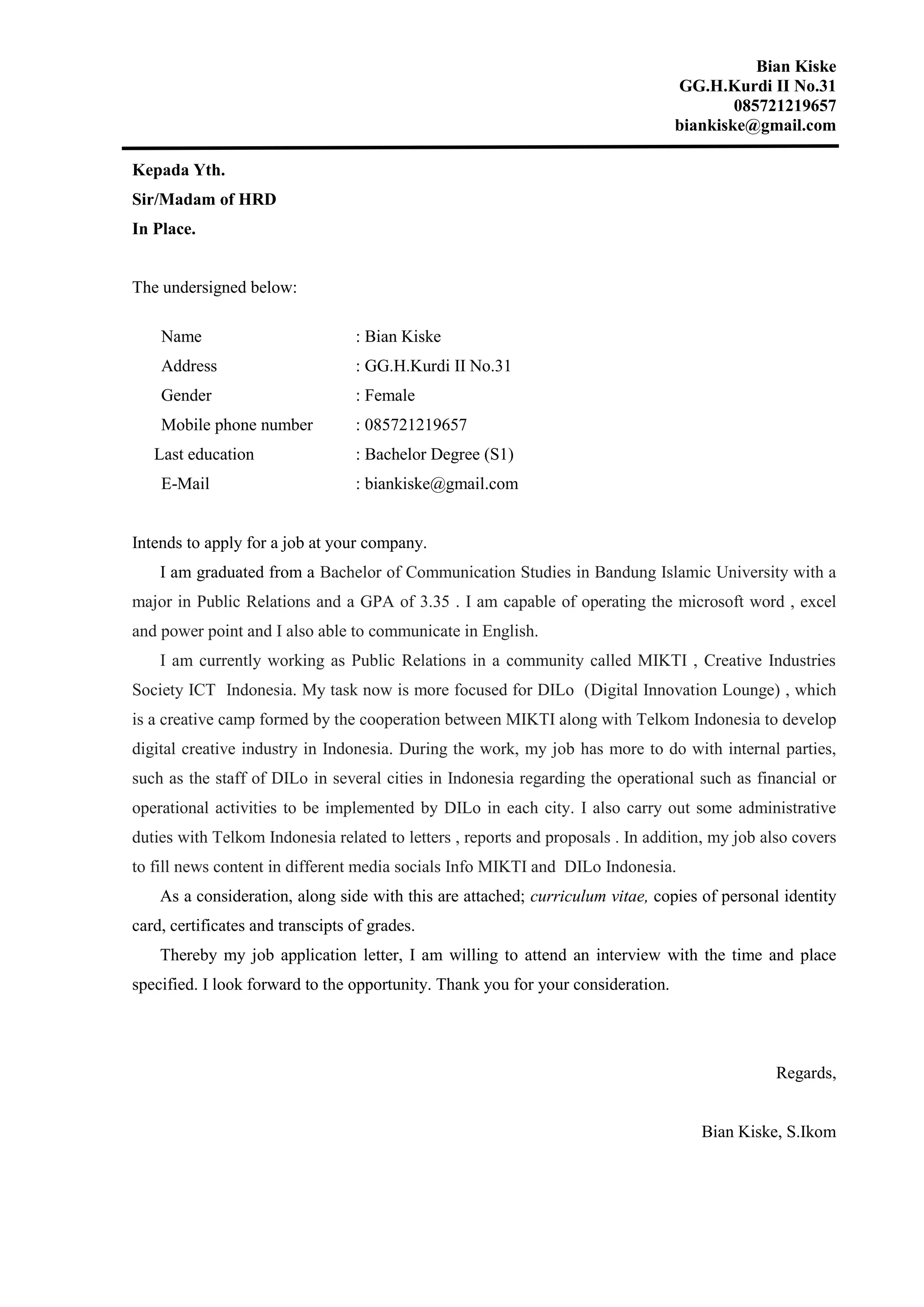 Application Letter Bian Kiske | PDF