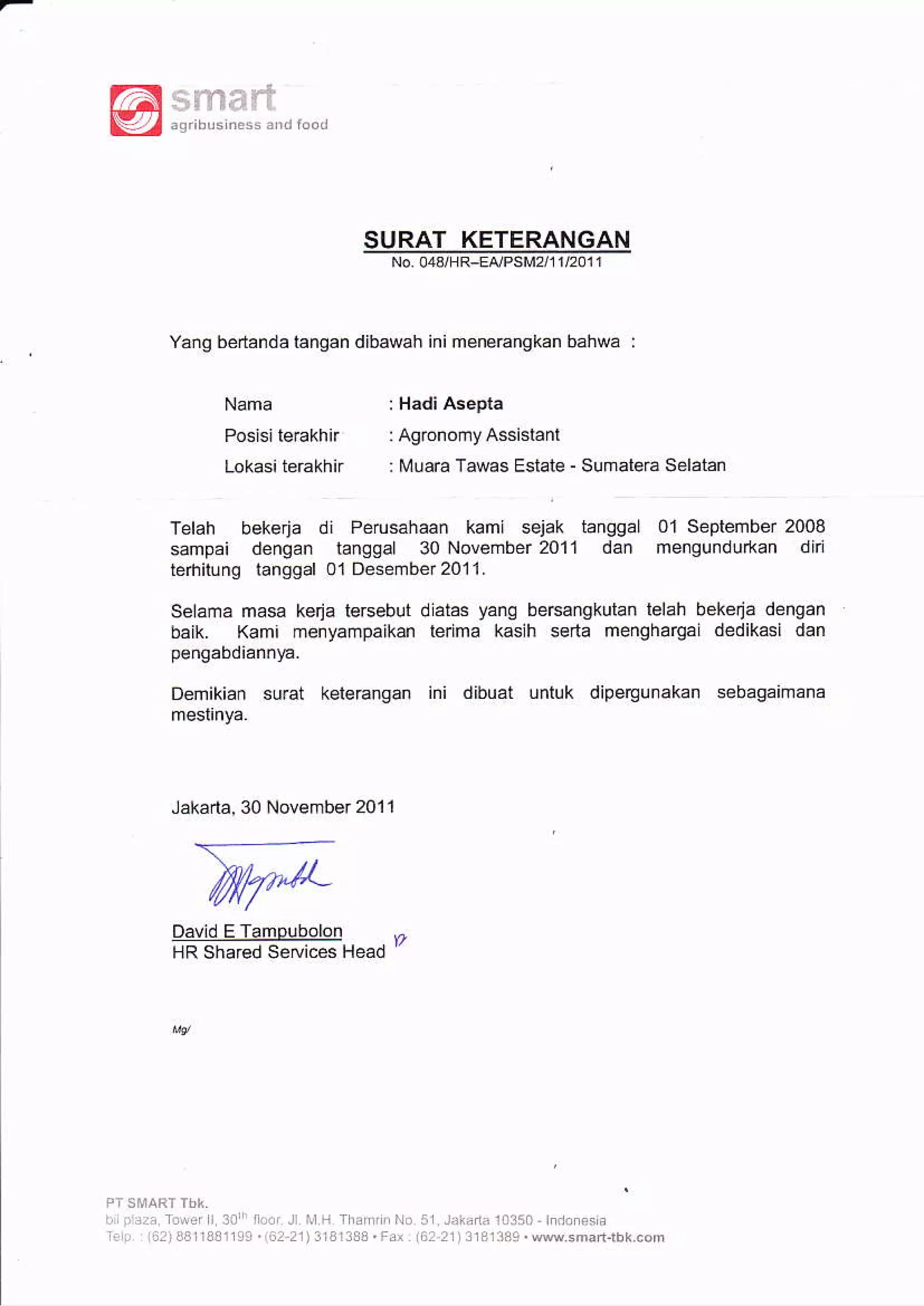 SURAT KET KERJA SMART HADI | PDF