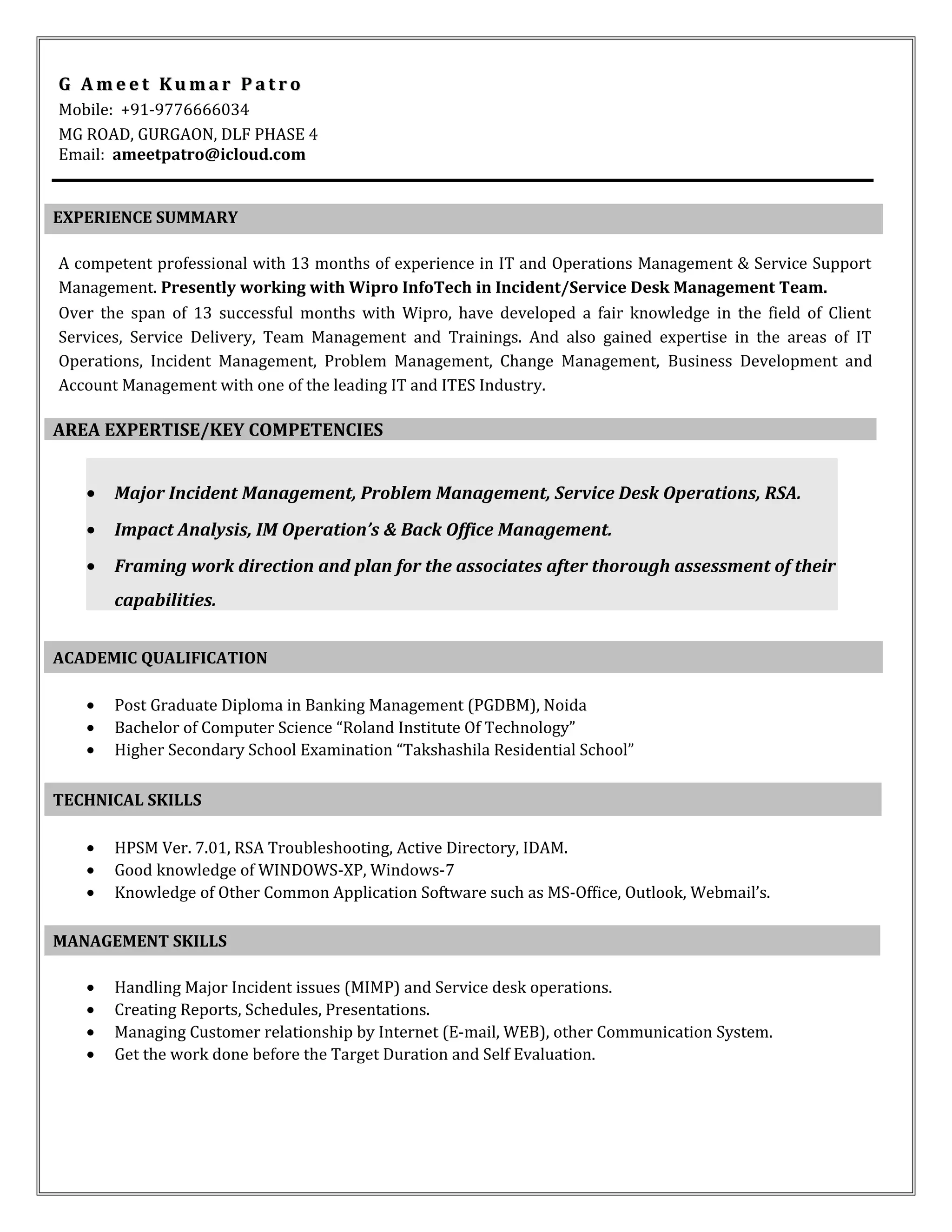 Ameet patro Wipro(Resume) | DOC | IT and Internet Support | Internet