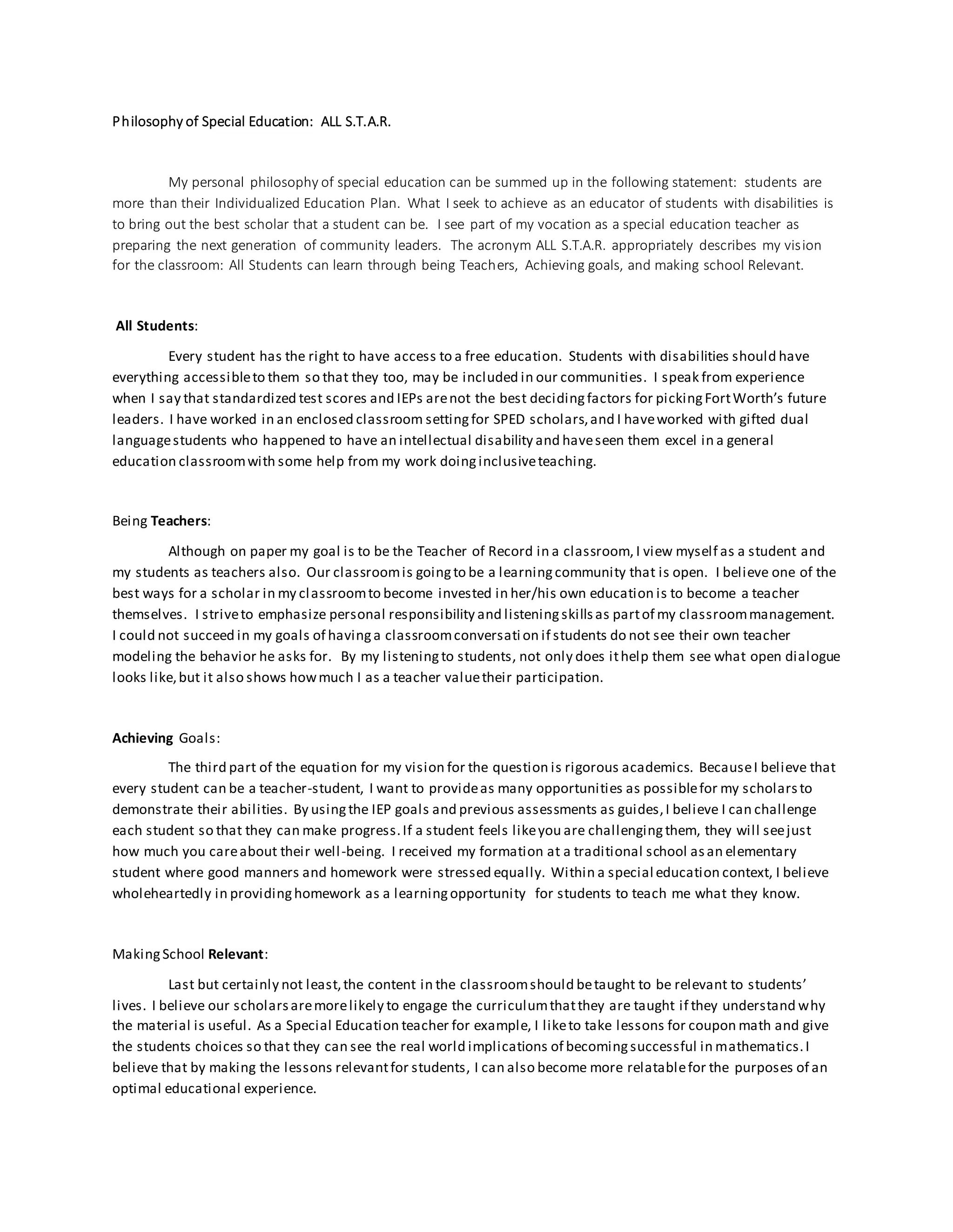 Philosophy of Special Education etc | DOCX