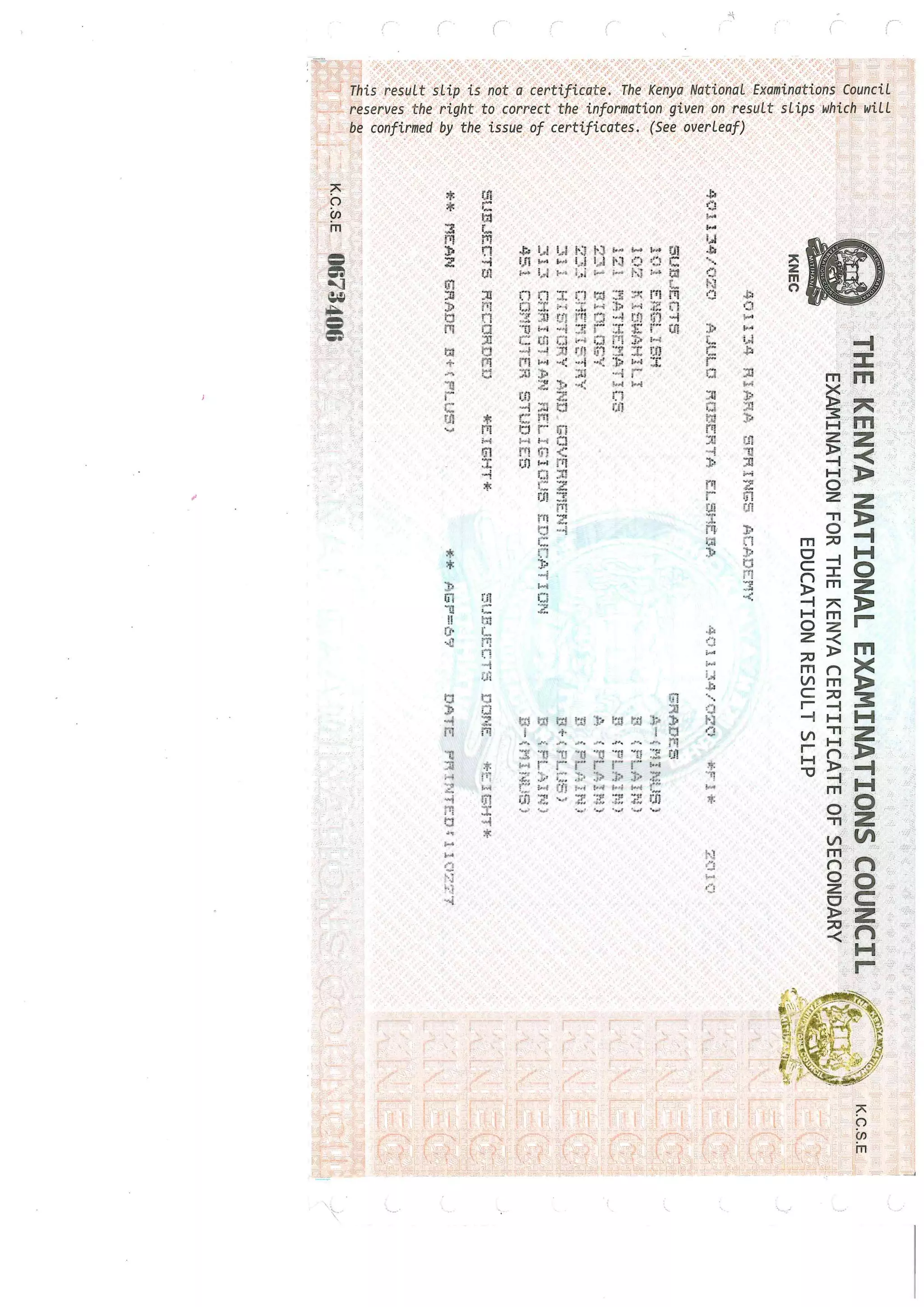 KCSE Result Slip | PDF