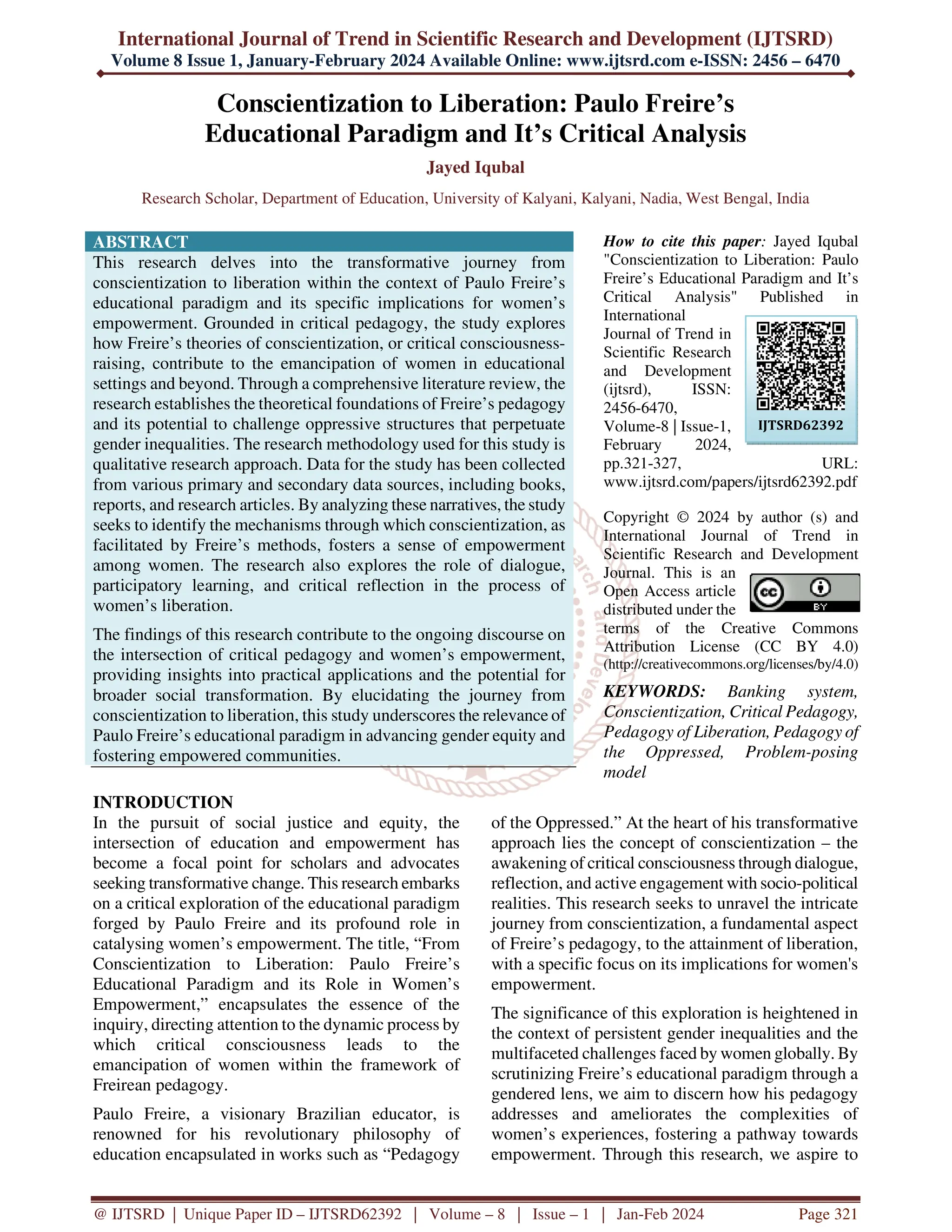 Conscientization to Liberation Paulo Freire’s Educational Paradigm and It’s Critical Analysis | PDF