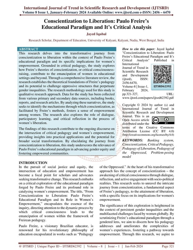 Conscientization to Liberation Paulo Freire’s Educational Paradigm and ...