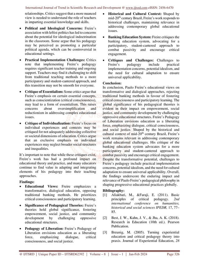 Conscientization to Liberation Paulo Freire’s Educational Paradigm and It’s Critical Analysis | PDF