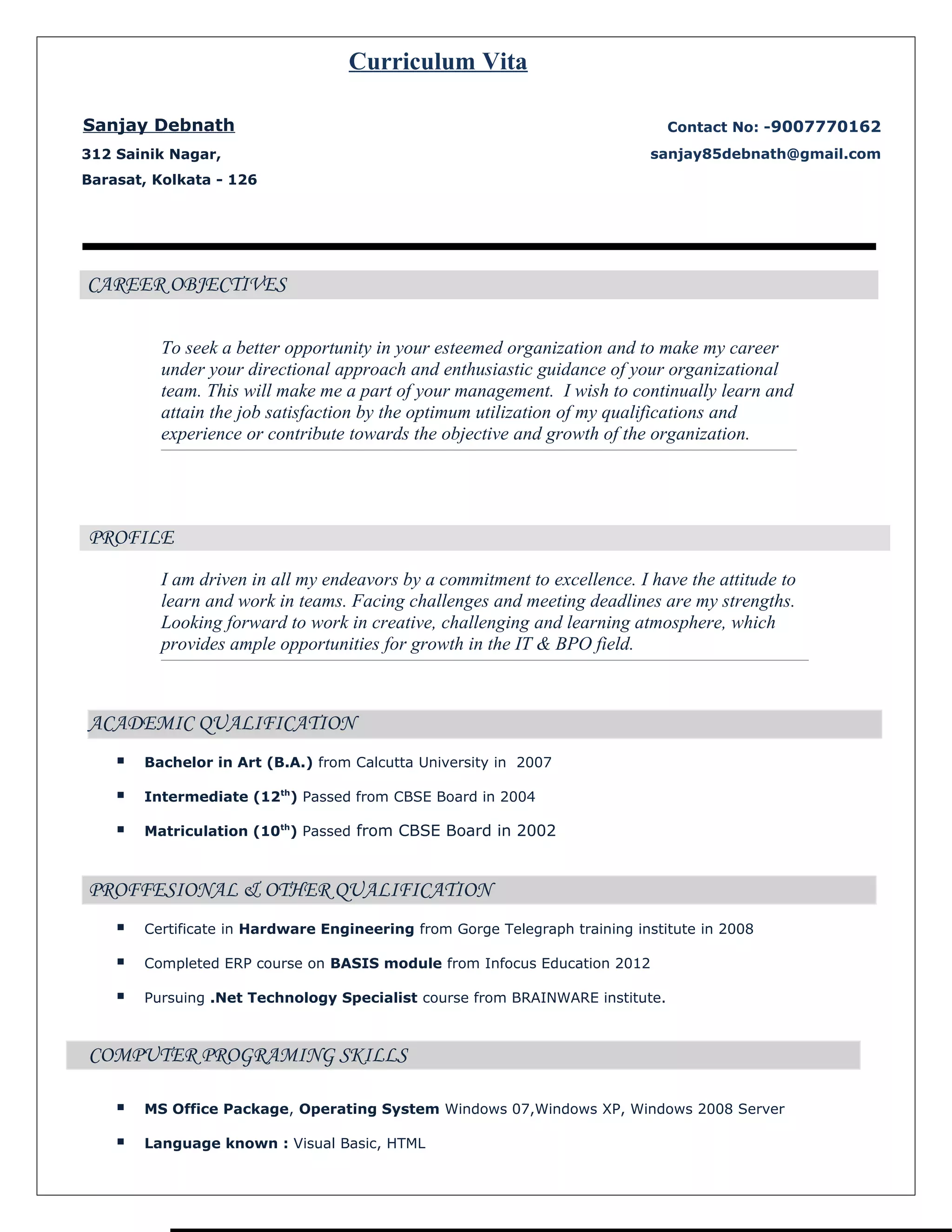 Resume Of Sanjay | DOC | IT and Internet Support | Internet