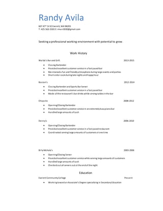 Randy Avila-New Resume 2015 | DOCX | Bars & Restaurants | Attractions