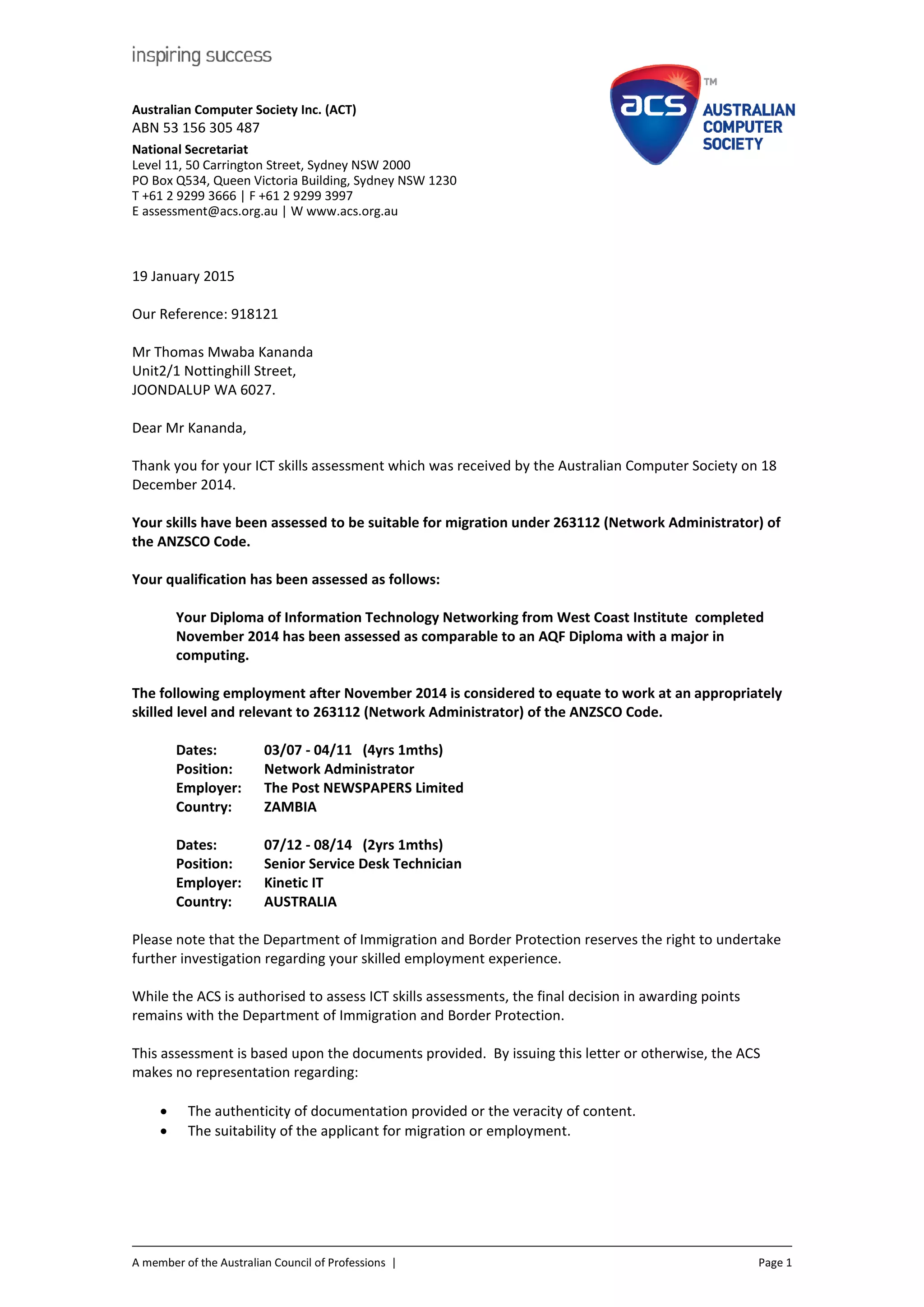 Assessment Letter by The Australian Computer Society Inc. (ACT) | PDF