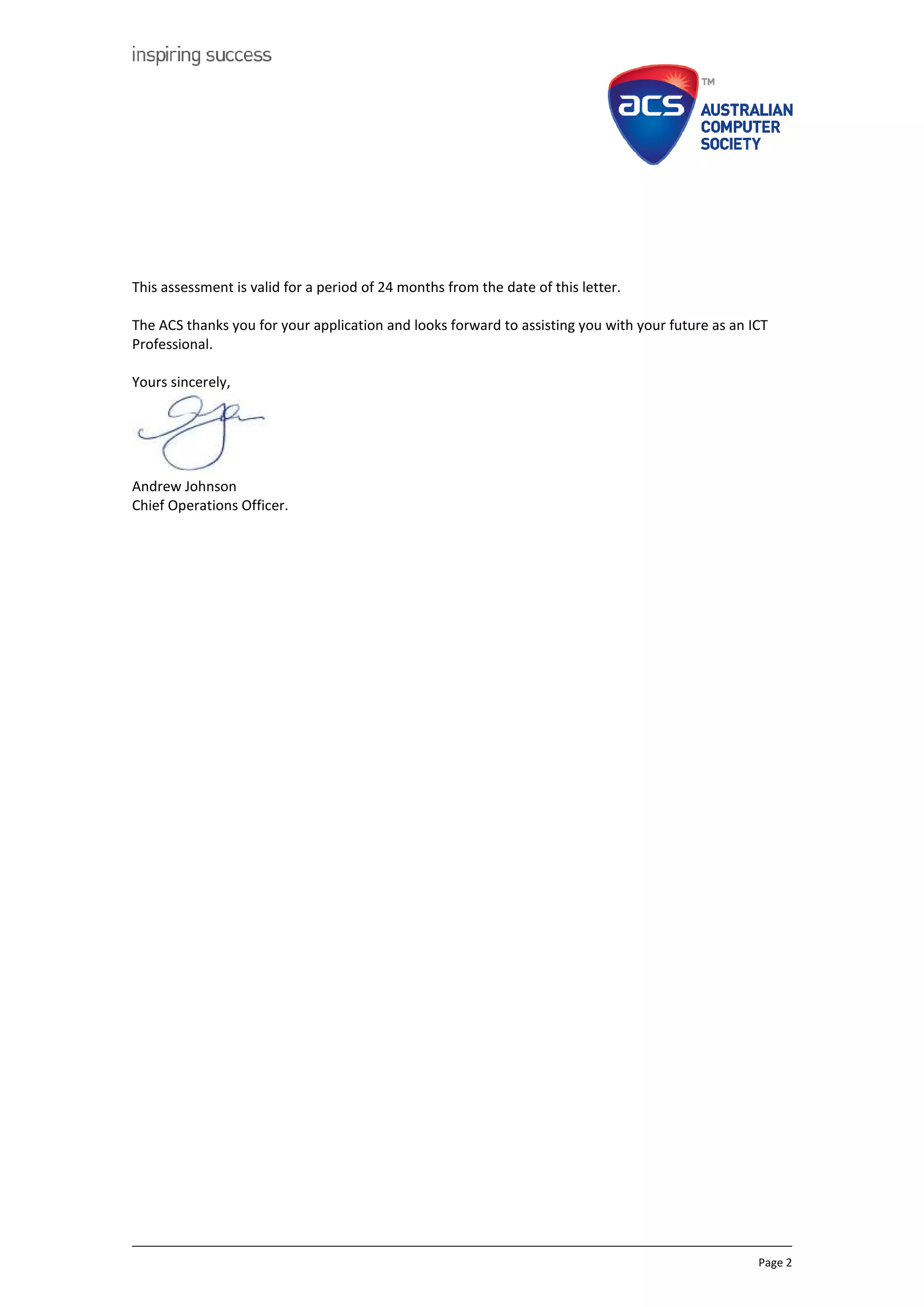 Assessment Letter by The Australian Computer Society Inc. (ACT) | PDF
