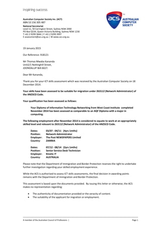 Assessment Letter by The Australian Computer Society Inc. (ACT) | PDF