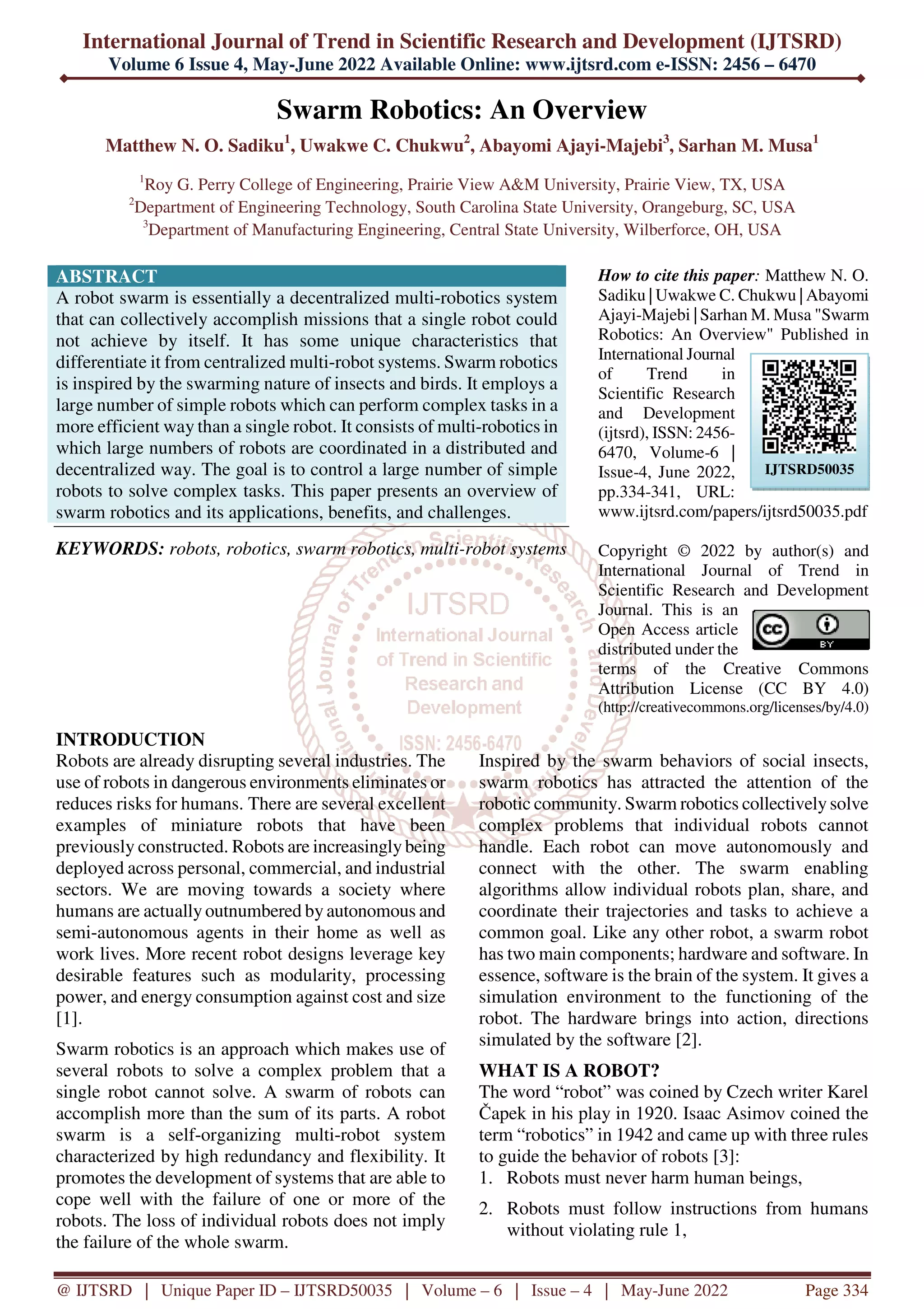 Swarm Robotics An Overview | PDF
