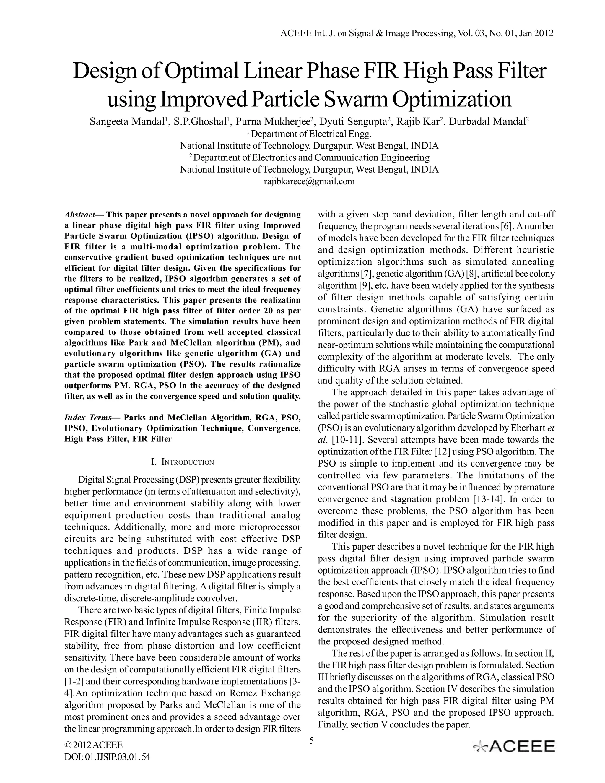 Design of Optimal Linear Phase FIR High Pass Filter using Improved Particle Swarm Optimization | PDF