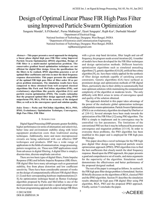 Design of Optimal Linear Phase FIR High Pass Filter using Improved Particle Swarm Optimization | PDF
