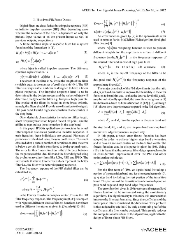 Design of Optimal Linear Phase FIR High Pass Filter using Improved Particle Swarm Optimization | PDF