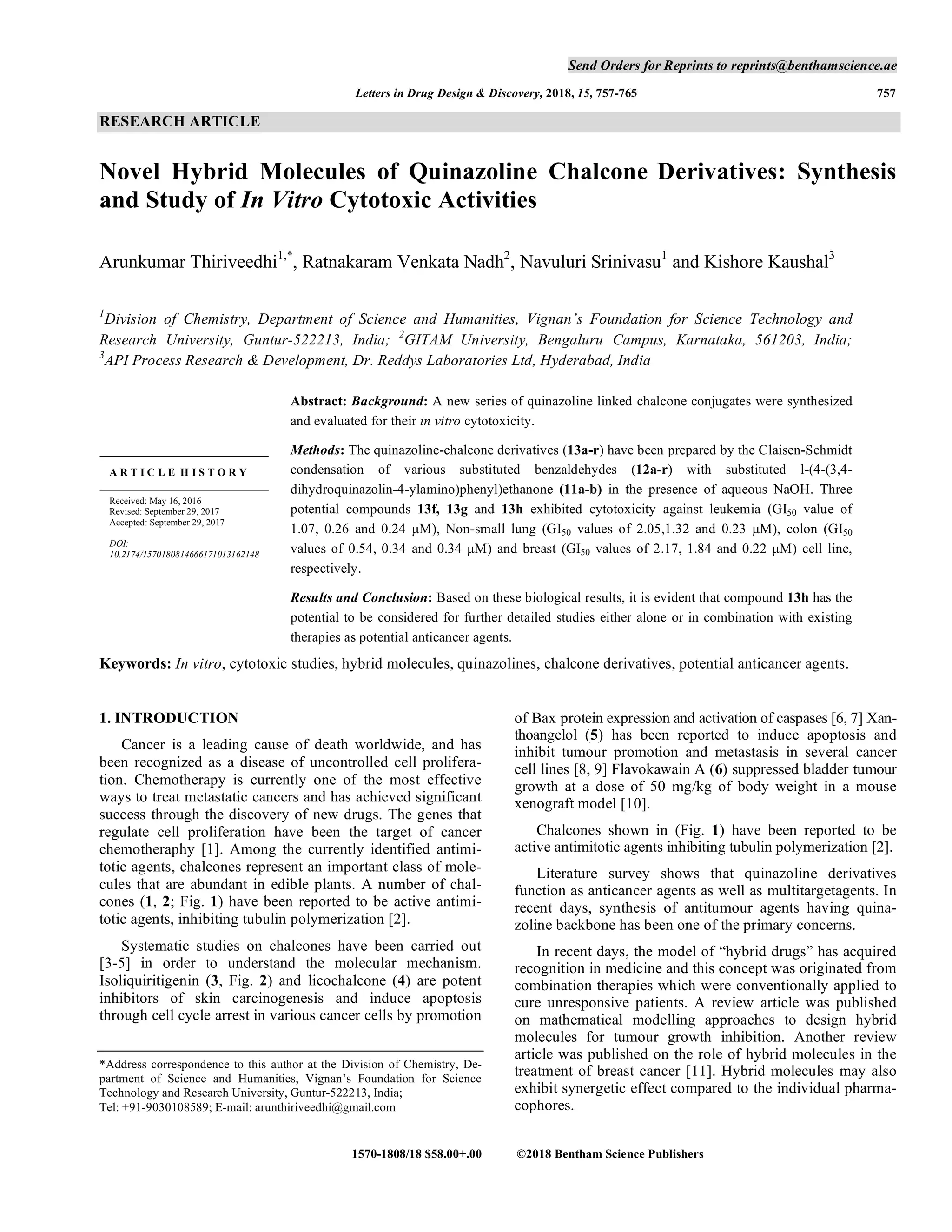 Novel Hybrid Molecules of Quinazoline Chalcone Derivatives: Synthesis ...