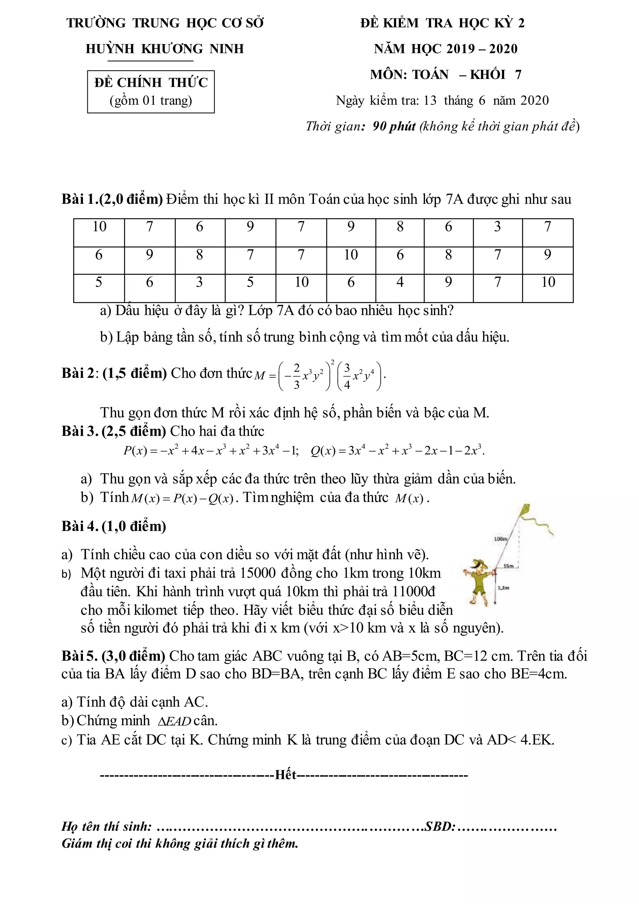 Đề Thi HK2 Toán 7 - THCS Huỳnh Khương Ninh | PDF
