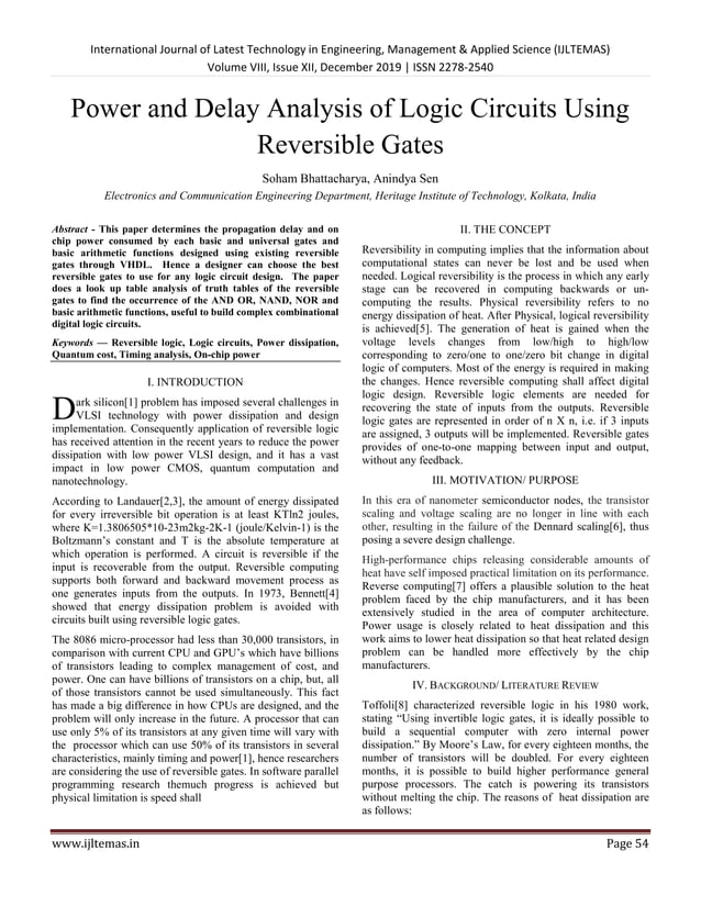 Power and Delay Analysis of Logic Circuits Using Reversible Gates | PDF