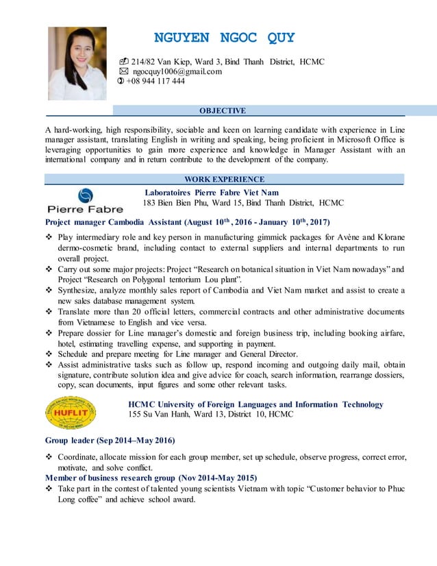 CV-Manager Assistant -Nguyen Ngoc Quy -Ho Chi Minh City, Viet Nam | PDF