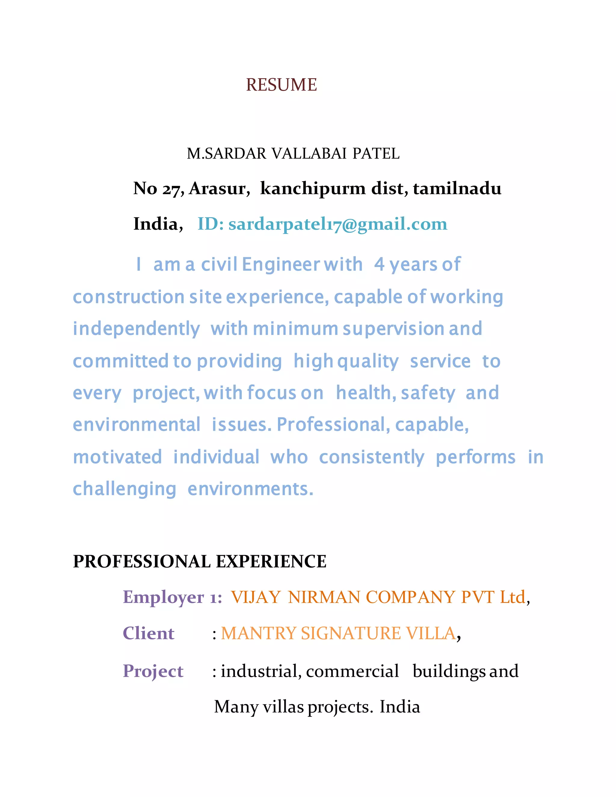 M.Sardar Patel CV | DOCX | Civil Engineering Industry | Industries