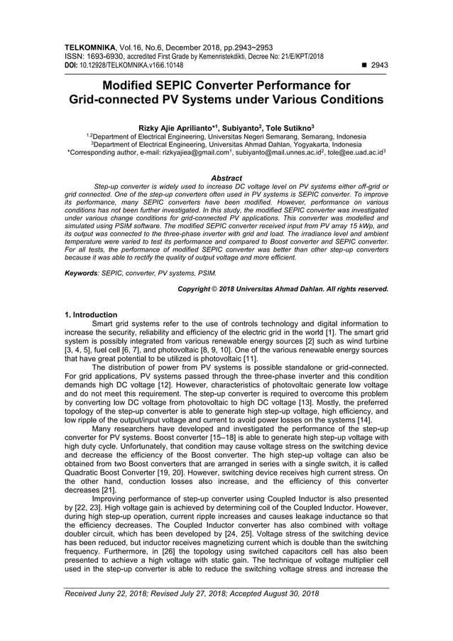 Modified SEPIC Converter Performance for Grid-connected PV Systems under Various Conditions | PDF