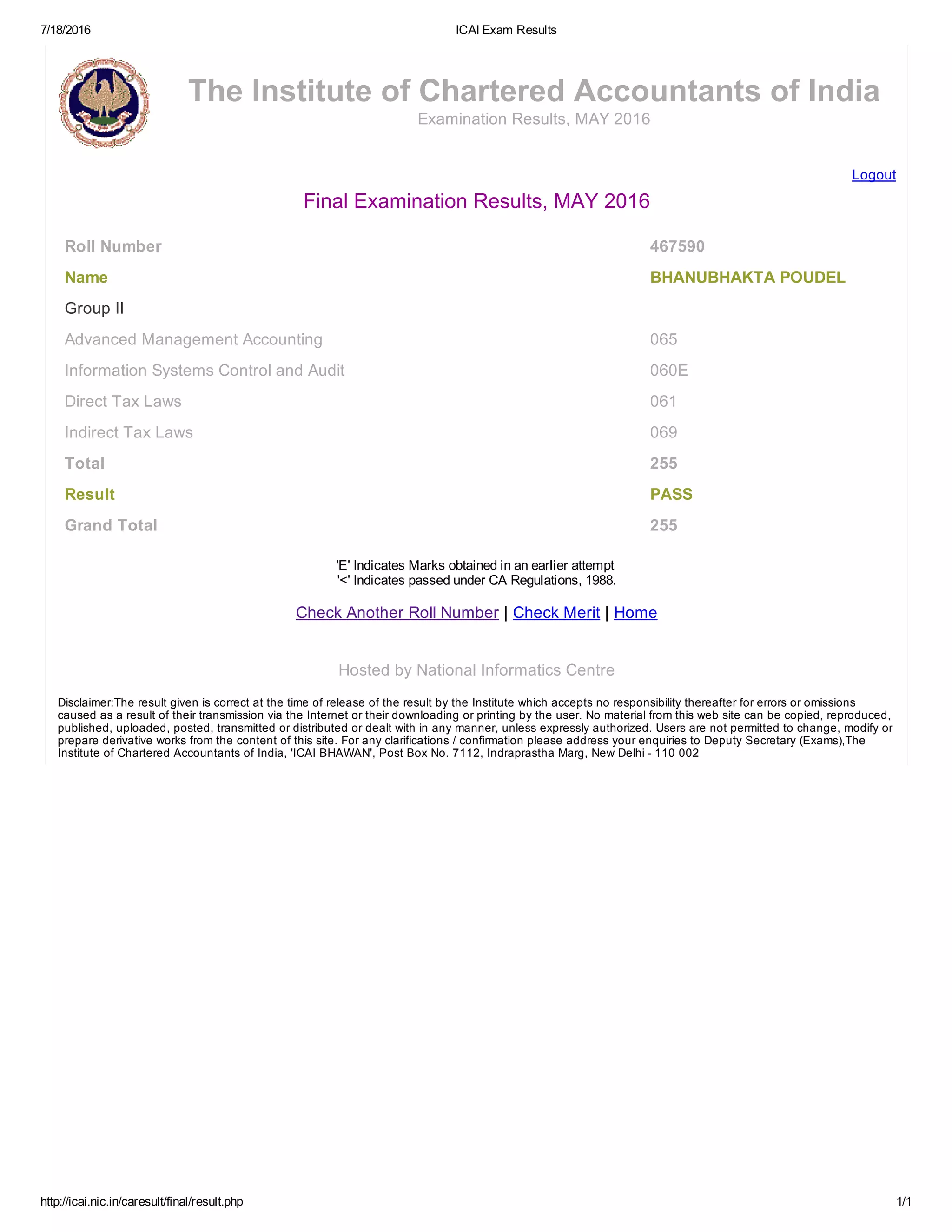 ICAI Exam Results | PDF