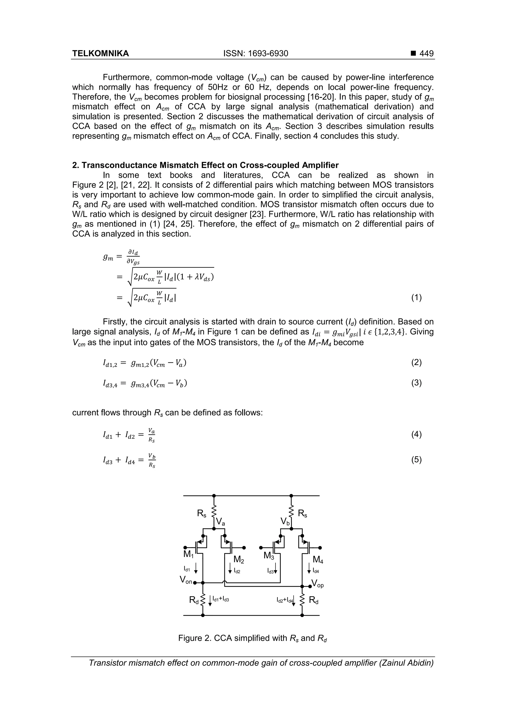 Transistor mismatch effect on common-mode gain of cross-coupled amplifier | PDF