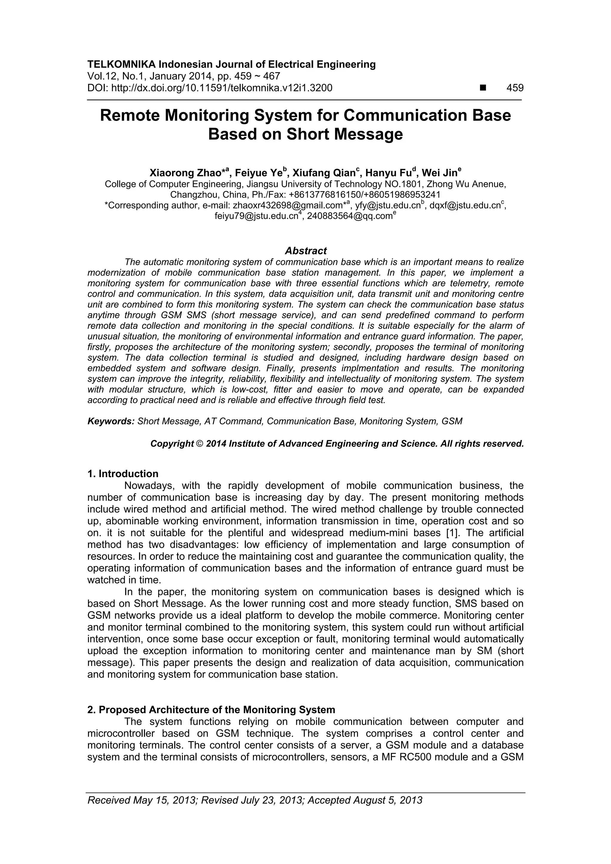 Remote Monitoring System for Communication Base Based on Short Message ...