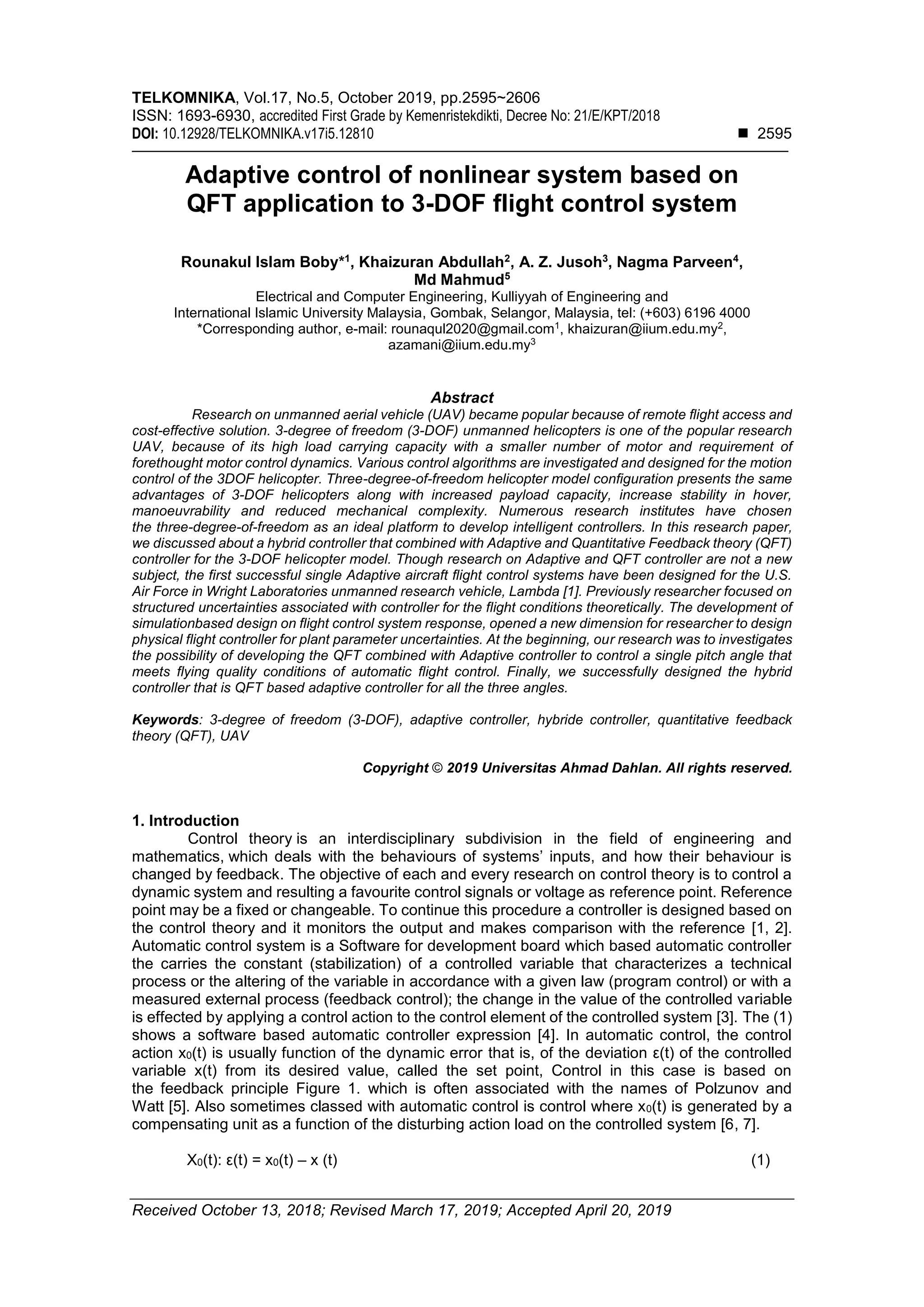 Adaptive control of nonlinear system based on QFT application to 3-DOF ...