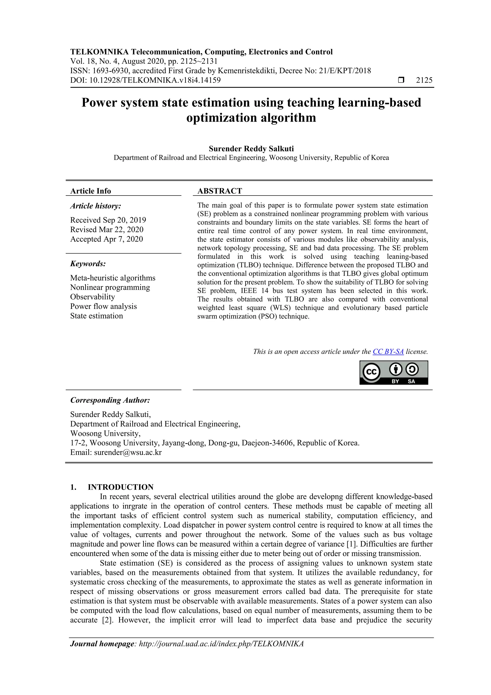 Power System State Estimation Using Teaching Learning Based Optimization Algorithm Pdf